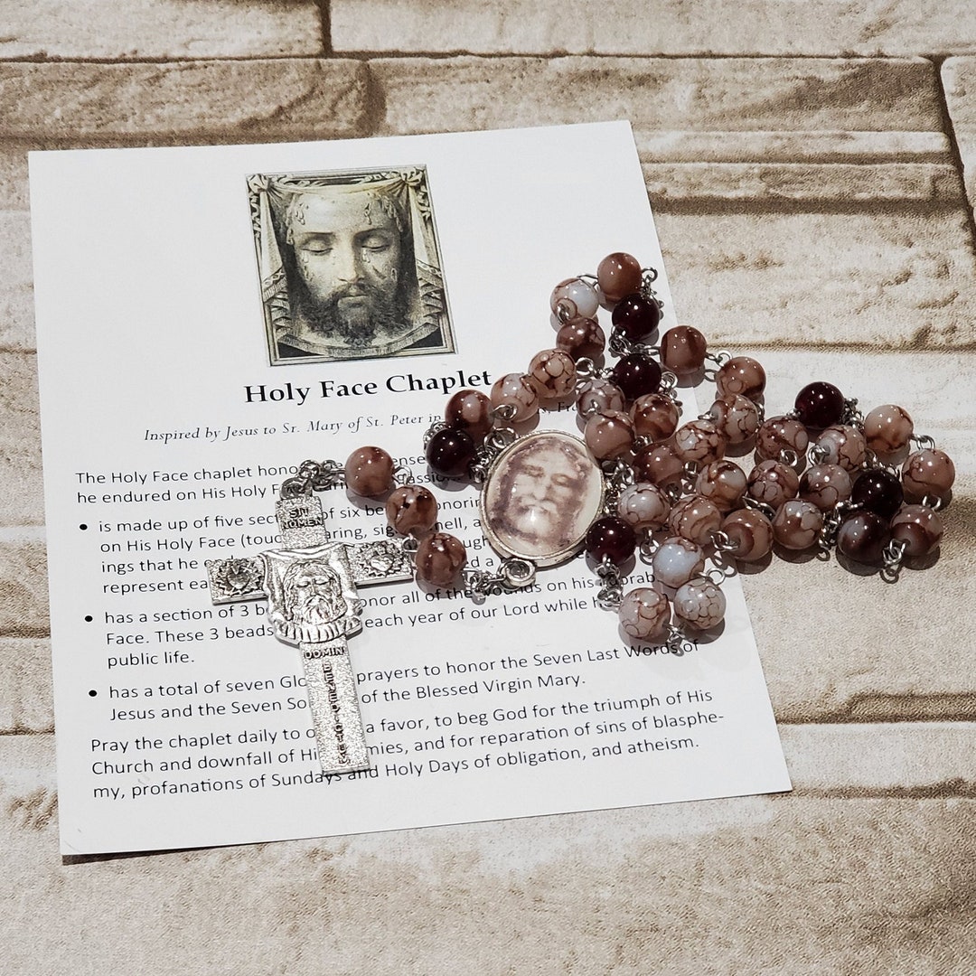 HOLY FACE of Jesus Chaplet, Brown & White Spun Glass Beads, Glass Inlay ...