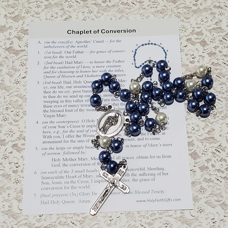 Chaplet of CONVERSION, Blue Glass Pearl Beads, Silver Tone Components, Conversion Prayers, W ...