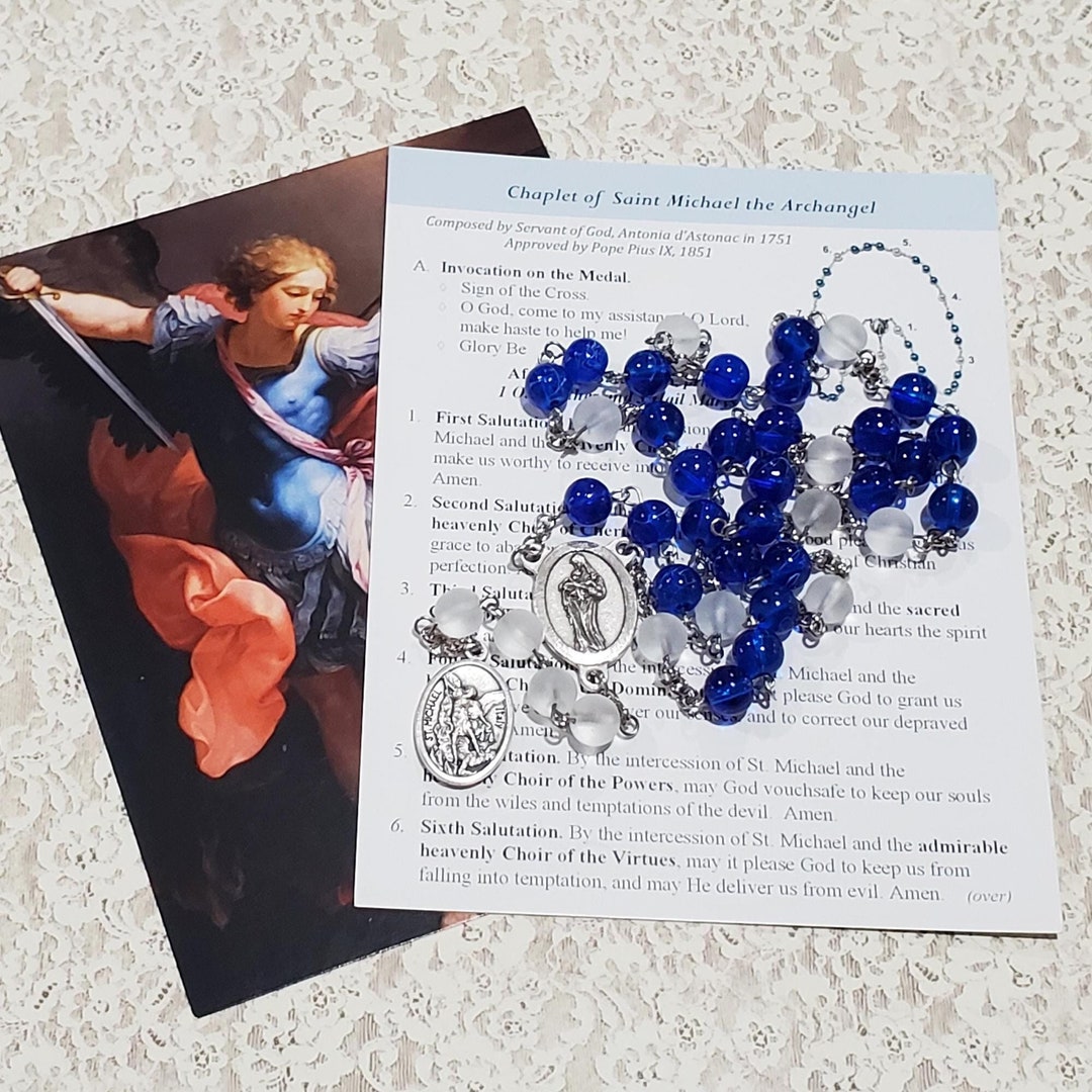 St. MICHAEL CHAPLET, Dark Blue Accented Glass Beads, W/instructions, Chaplet of St. Michael the ...