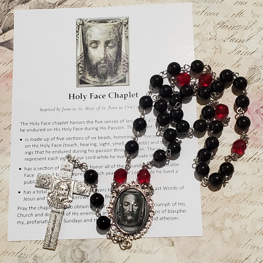 HOLY FACE Chaplet W/photo Center Black Glass & Red Czech - Etsy