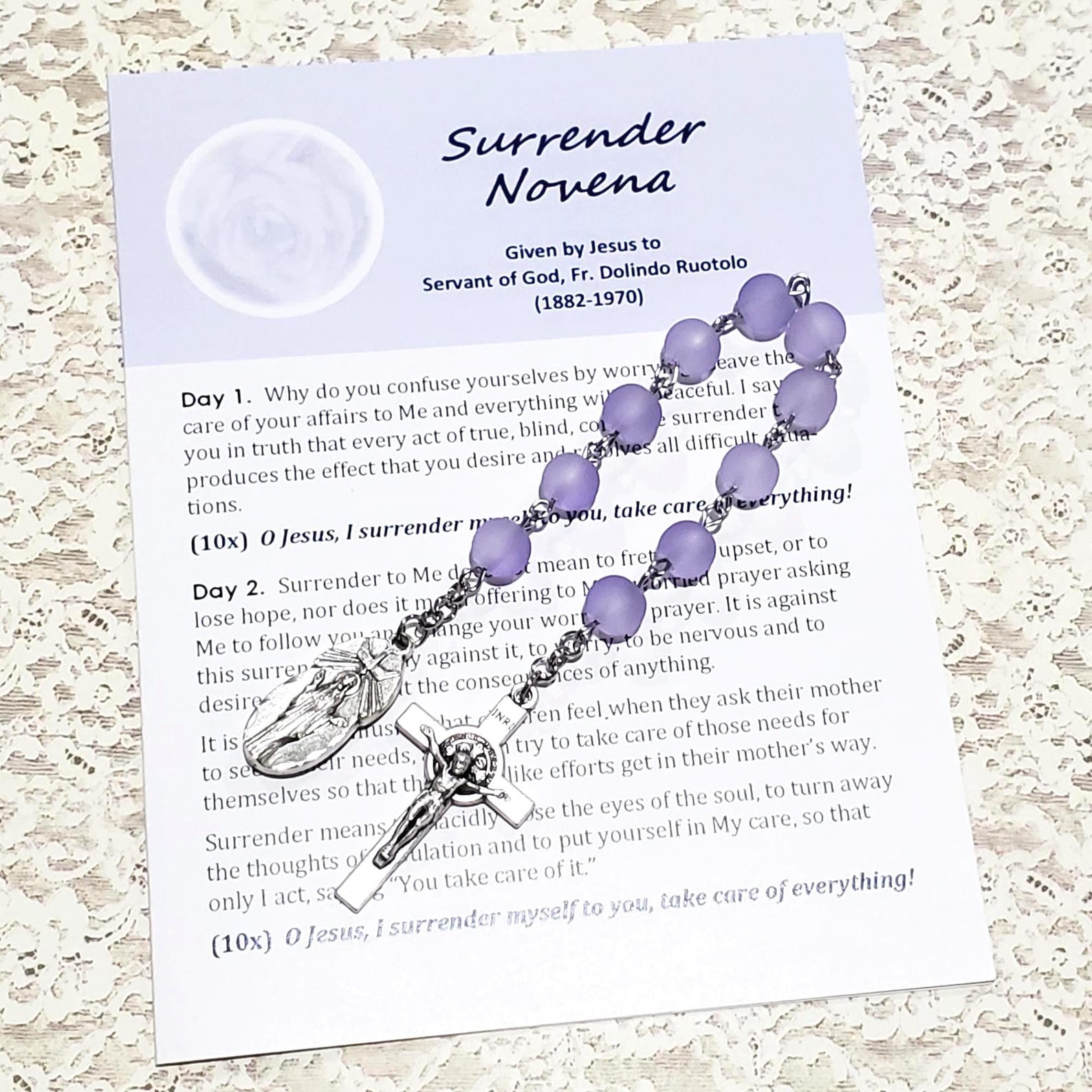 SURRENDER Novena Chaplet, Pale Purple Frosted Glass Beads, W ...