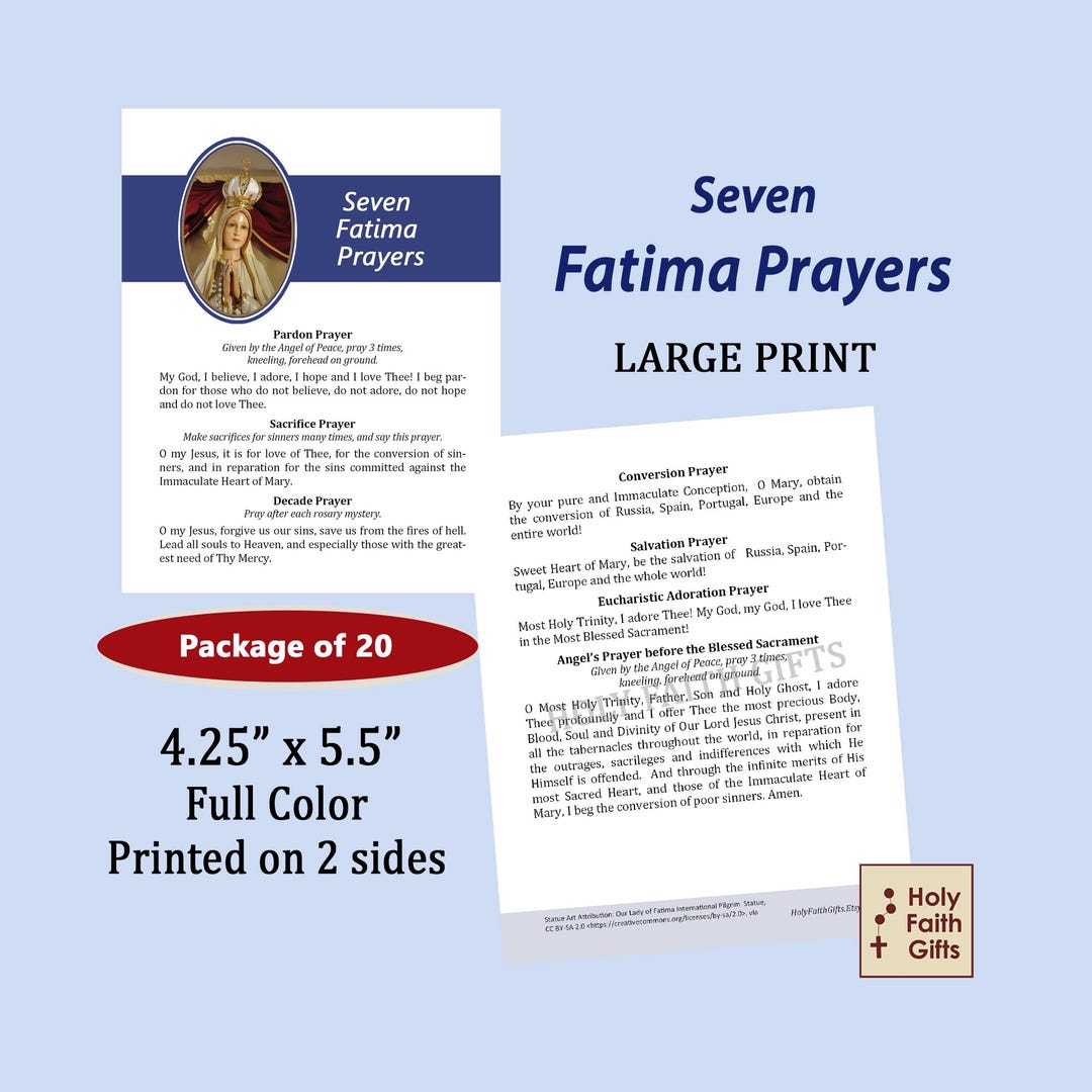 Seven Fatima Prayers, Prayer Card, Large Print, (20 Pack), 2-sided ...