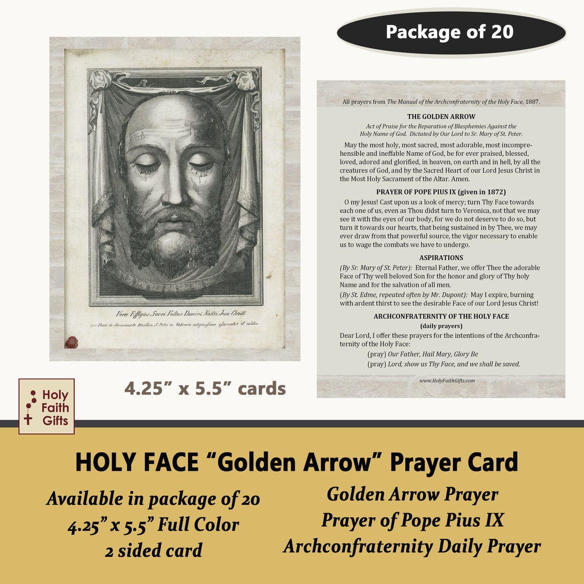 HOLY FACE Golden Arrow Prayer Card 20 Pack, Golden Arrow, Pope Pius IX ...