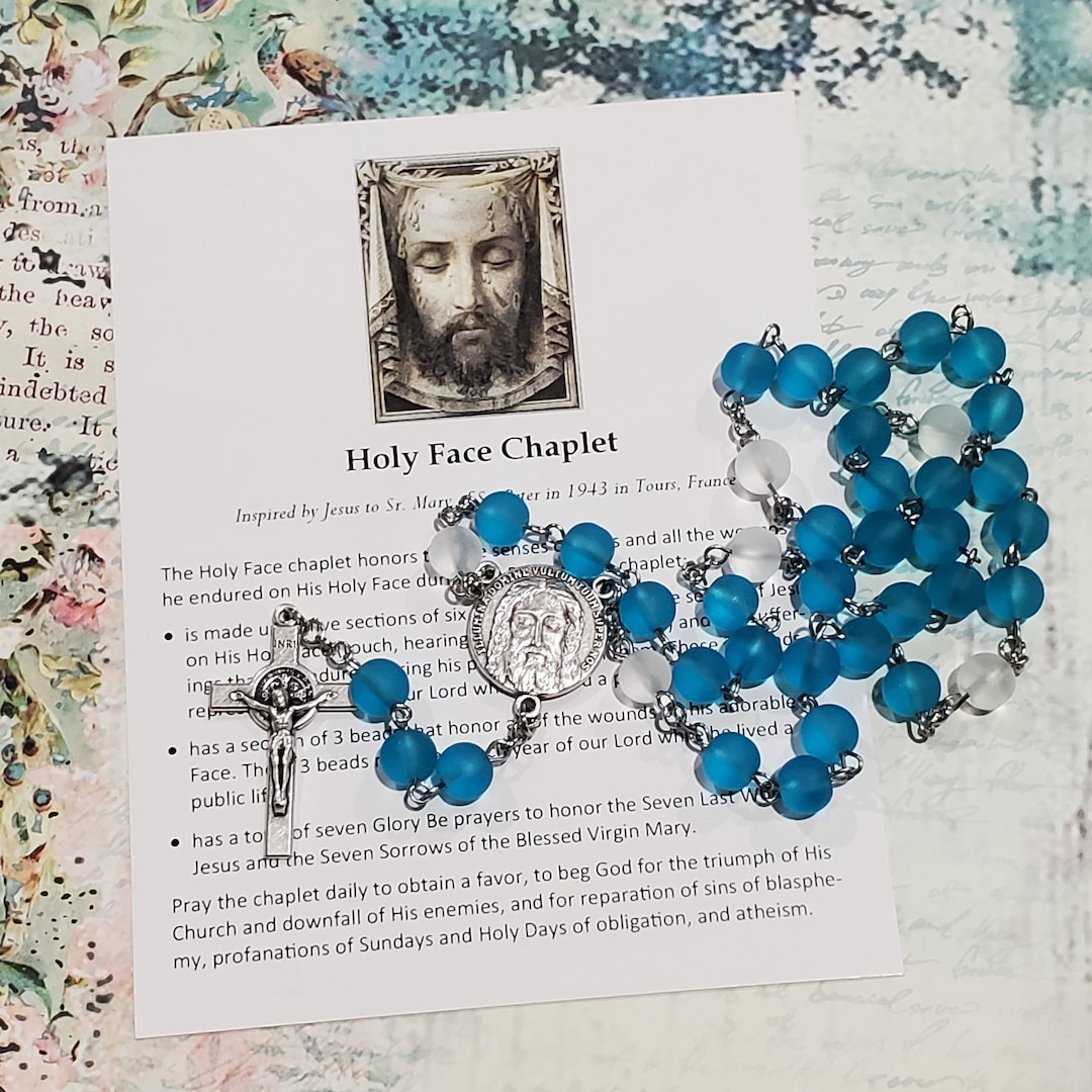 HOLY FACE Chaplet frosted Medium Aqua Glass Beads Silver - Etsy