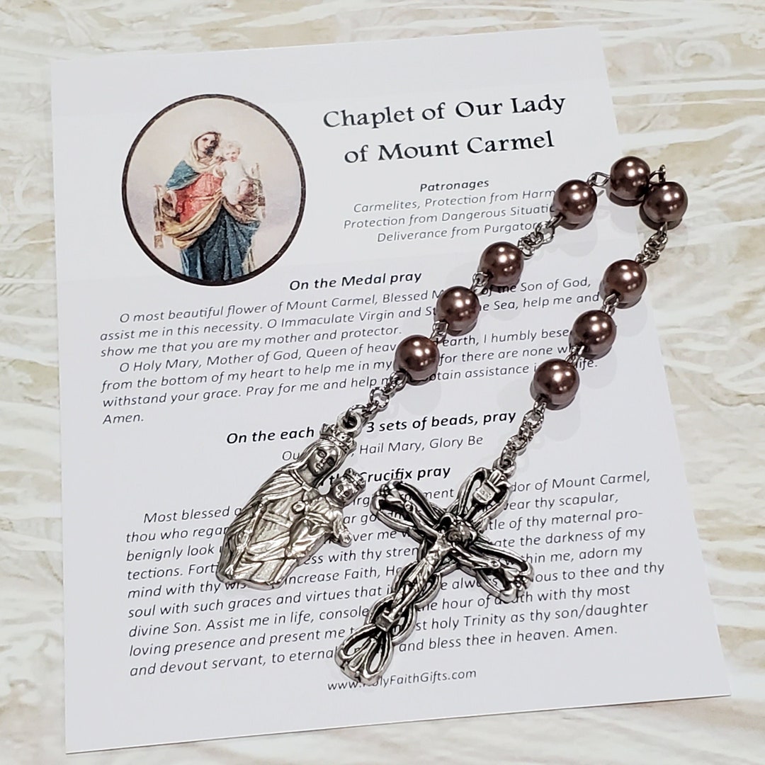 Our Lady of MOUNT CARMEL Chaplet, Light Brown Glass Pearl Beads, Silver ...