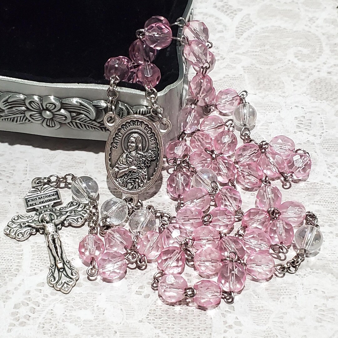 St. MARIA GORETTI Rosary, Czech Faceted Pink Crystal Beads, Silver Tone ...