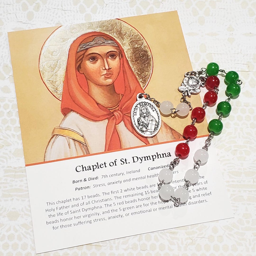 Saint DYMPHNA Chaplet, Red / Green / White Glass Beads, Rose/marian Center, Chaplet of St ...