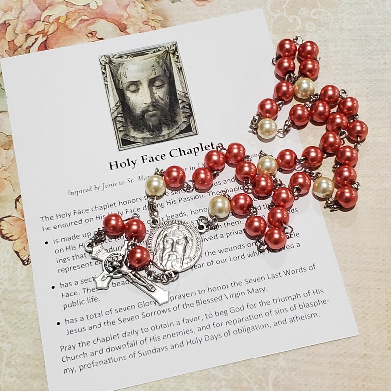 HOLY FACE Chaplet, Sunset Pearl Glass Beads, Silver Tone Components, W ...