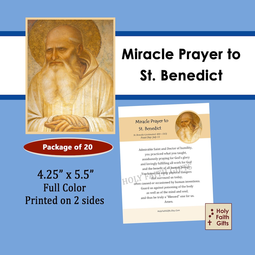 Miracle Prayer to St. Benedict, (20 Pack), 2-sided, Full Color Prayer ...