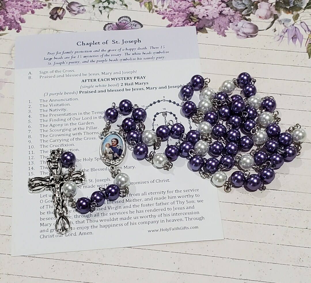 St. JOSEPH CHAPLET, Medium Purple Pearl Glass Beads, Silver Tone ...