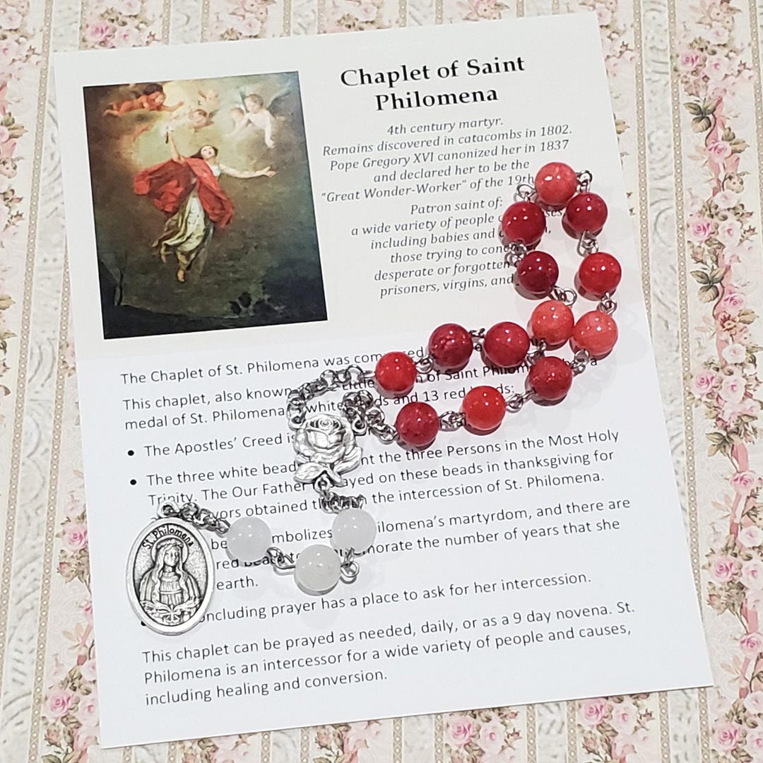 Saint PHILOMENA Chaplet, Red Quartz & White Jade Beads, Rose/marian ...