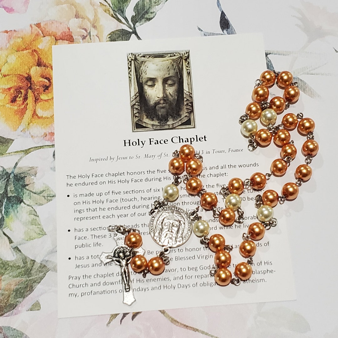 HOLY FACE of Jesus Chaplet, Orange Glass Pearl Beads, Silver Tone ...