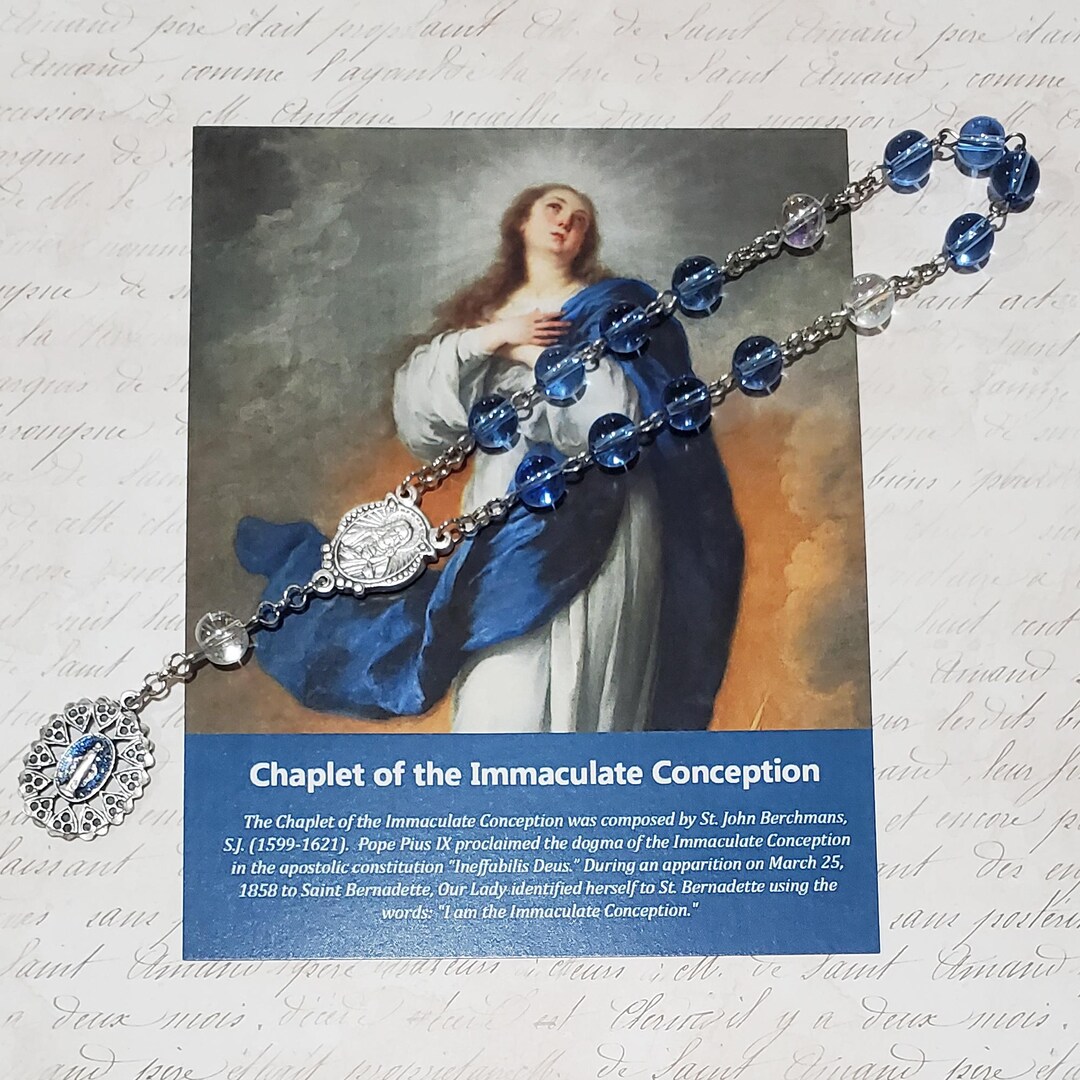 IMMACULATE CONCEPTION Chaplet, Round Clear Blue Glass Beads, W ...