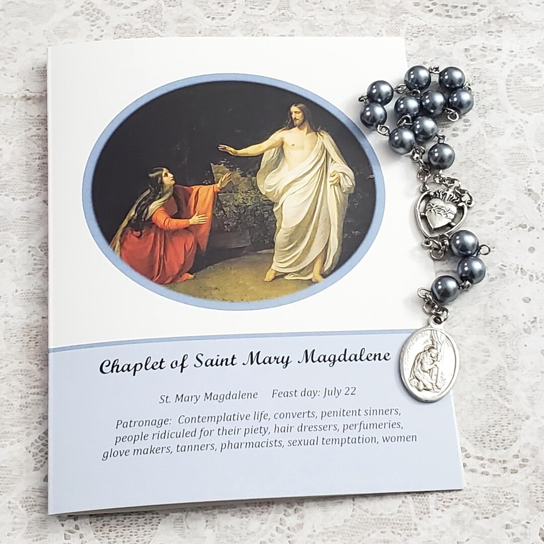 St. Mary Magdalene Chaplet, Czech Steel Blue Pearl Glass Beads, With ...