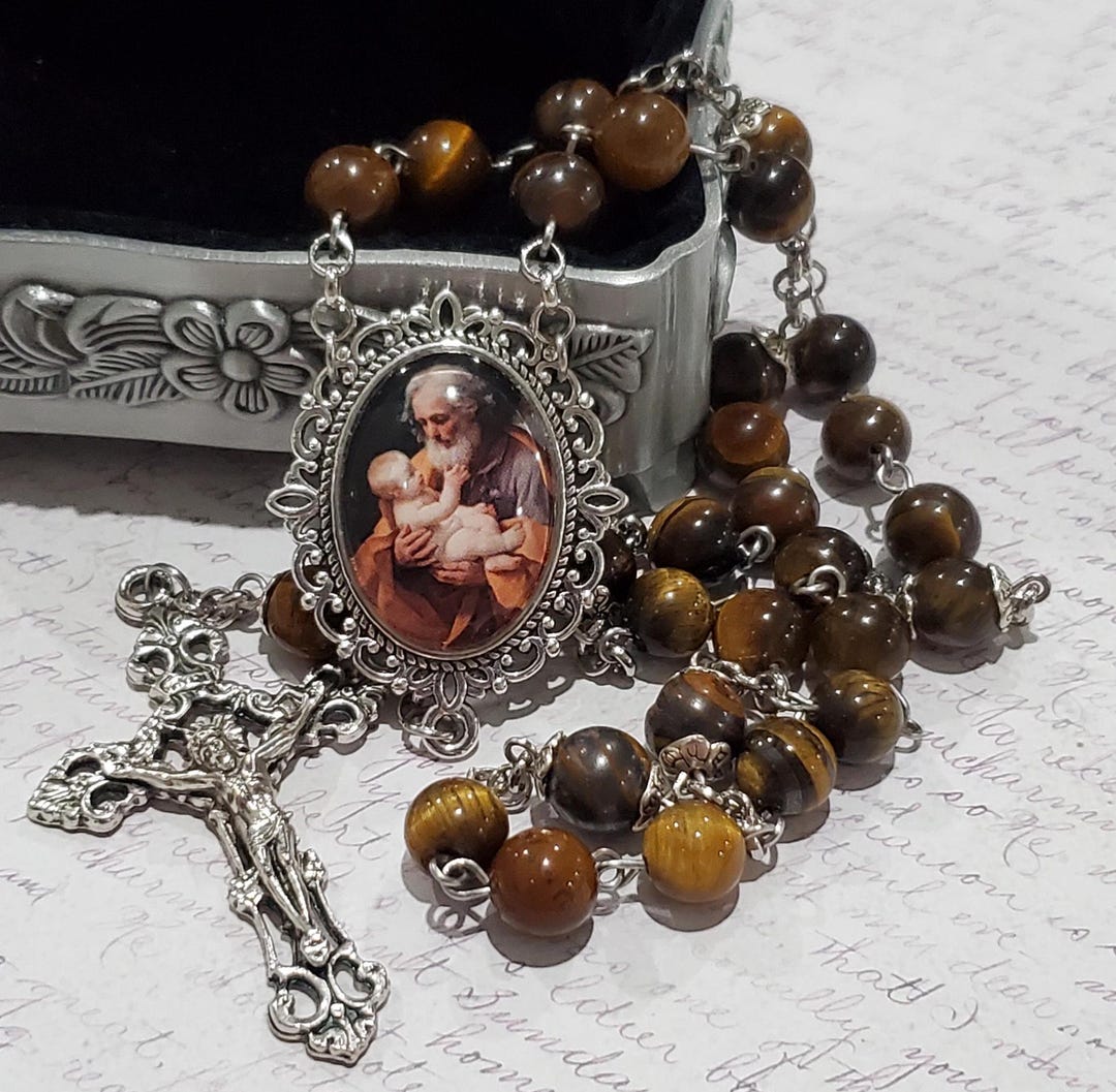 7 SORROWS and 7 JOYS of St. Joseph Chaplet, Brown Tiger Eye Stone Beads ...