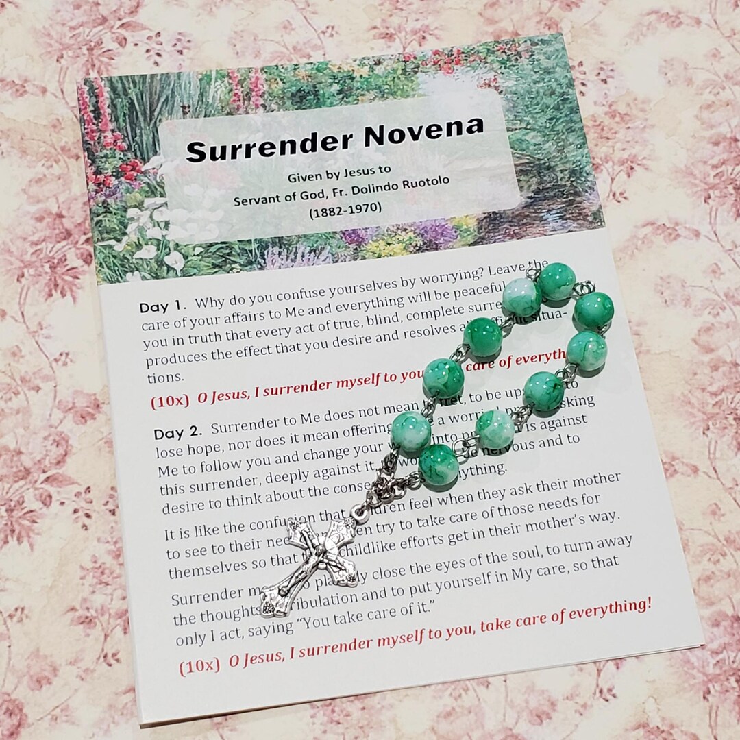 SURRENDER Novena Chaplet, Green & White Spun Glass Beads, W/prayer Card ...