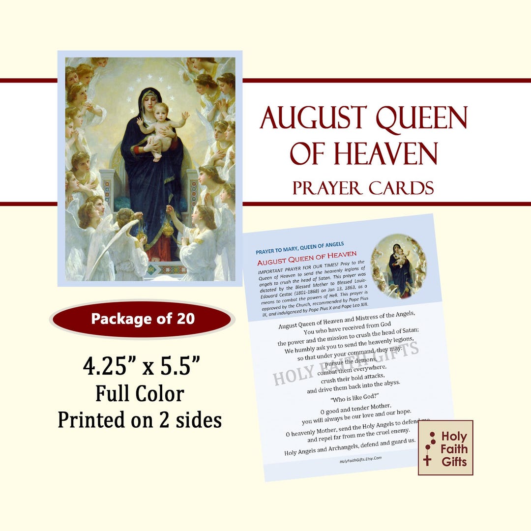 AUGUST QUEEN of Heaven Prayer Card, (20 Pack), 2-sided, Full Color ...