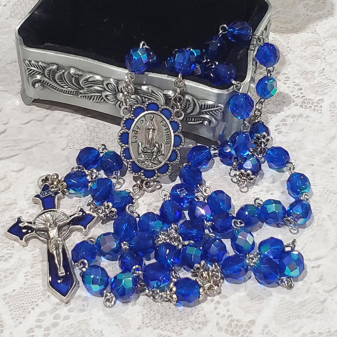 Our Lady of FATIMA Rosary, Cobalt Blue AB Czech Fire-polished Faceted ...
