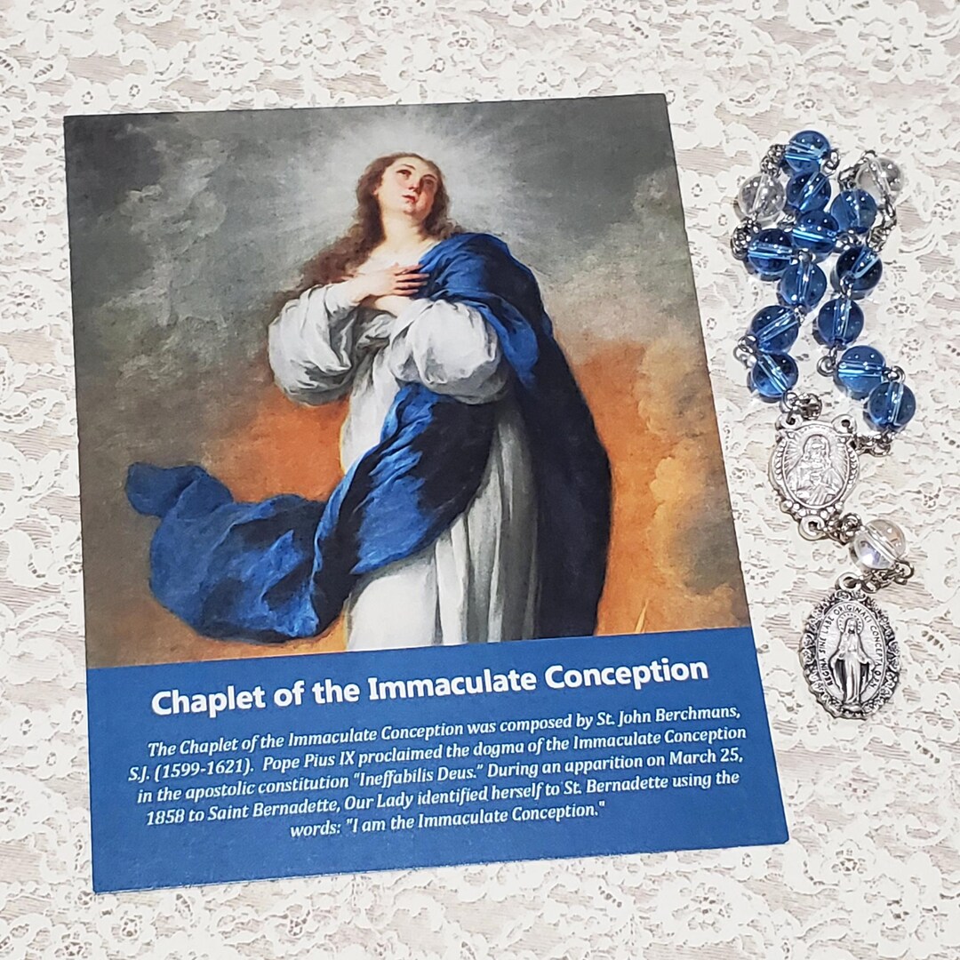 IMMACULATE CONCEPTION Chaplet, Round Clear Blue Glass Beads, W ...