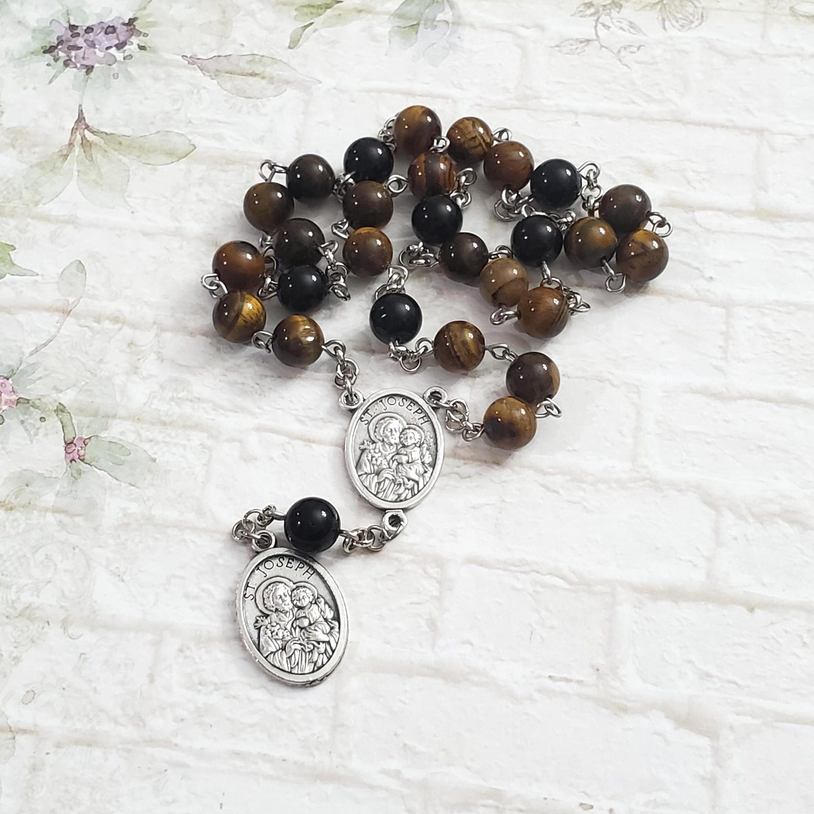 7 Sorrows and 7 Joys of St. Joseph Chaplet, Brown Tiger Eye & Black ...