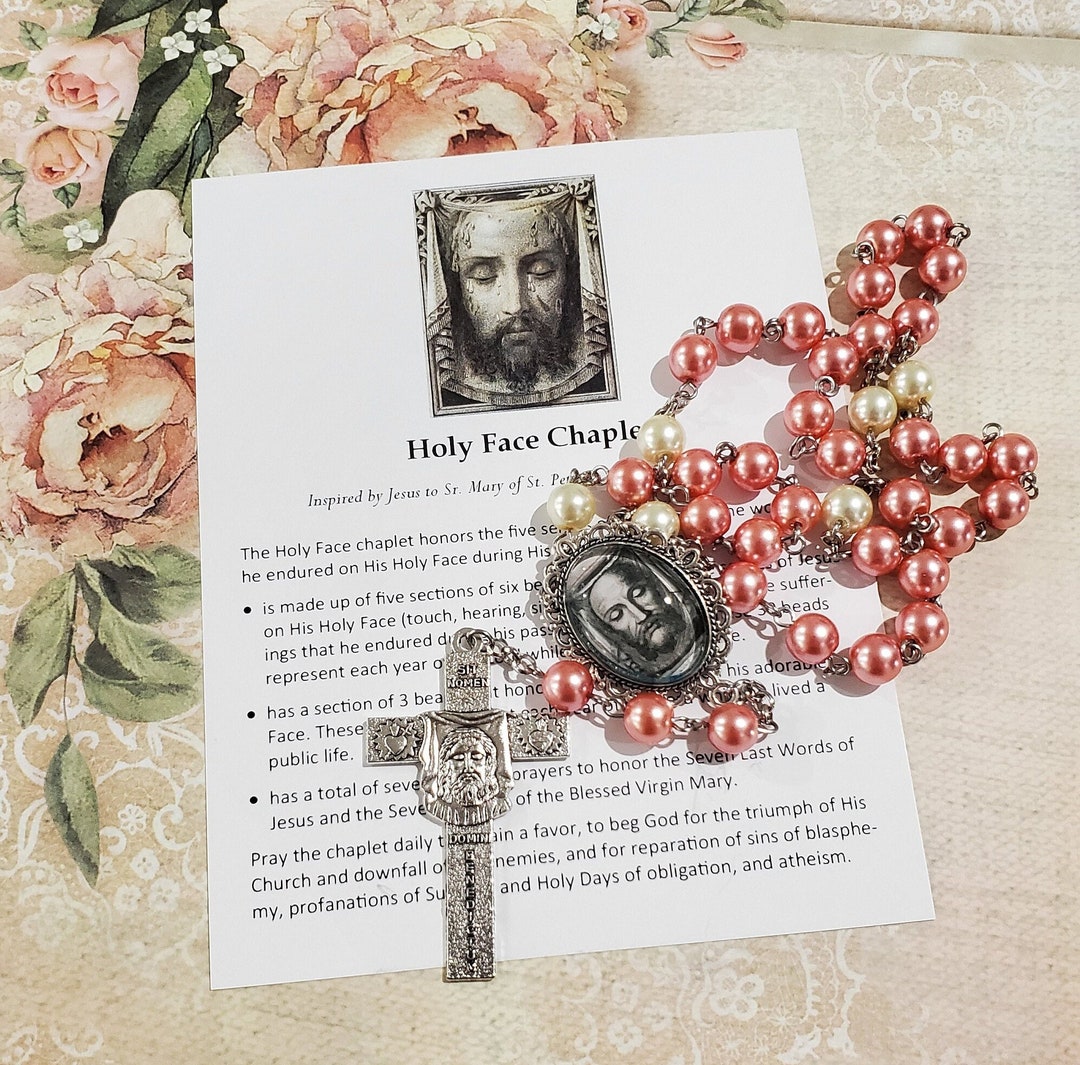 HOLY FACE of Jesus Chaplet, Medallion Center, English Rose Pearl Glass ...