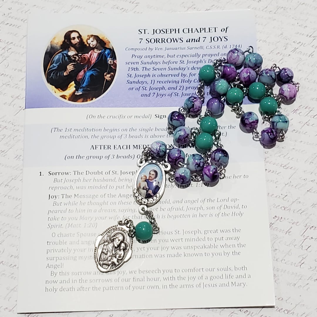 7 SORROWS and 7 JOYS of St. Joseph Chaplet, Purple and Aqua Green Spun ...