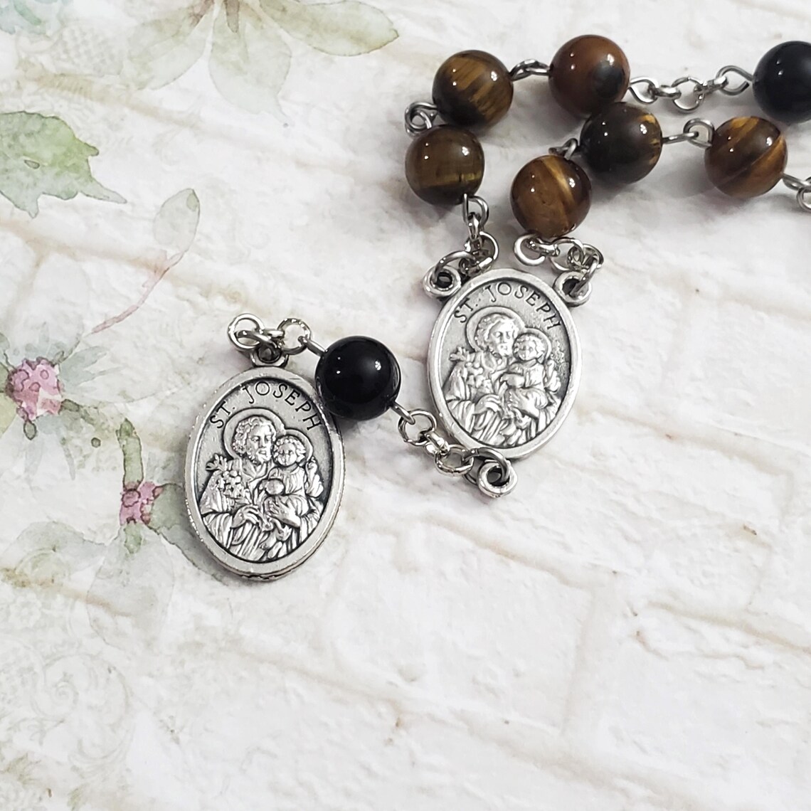 7 Sorrows and 7 Joys of St. Joseph Chaplet, Brown Tiger Eye & Black ...