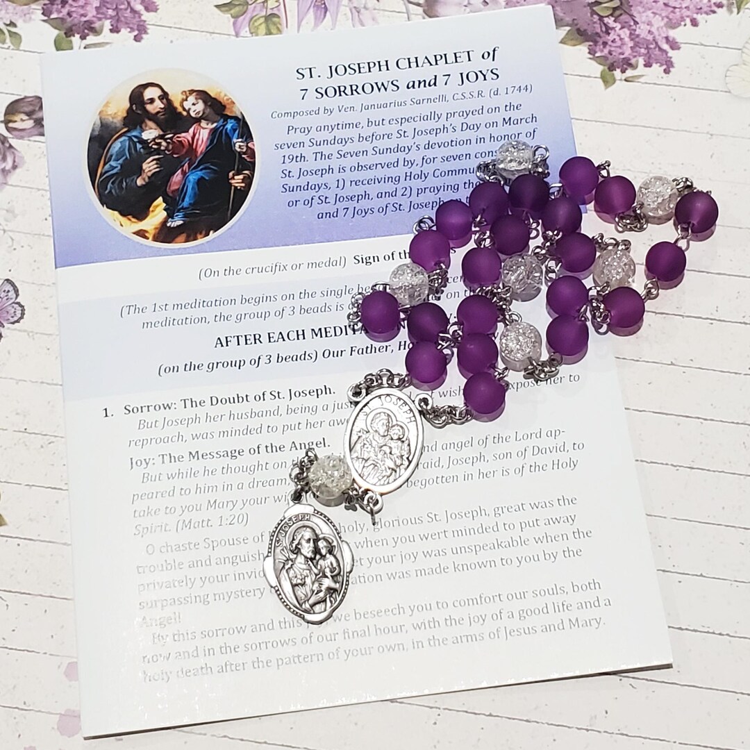 7 SORROWS and 7 JOYS of St. Joseph Chaplet, Purple Frosted Glass Beads ...