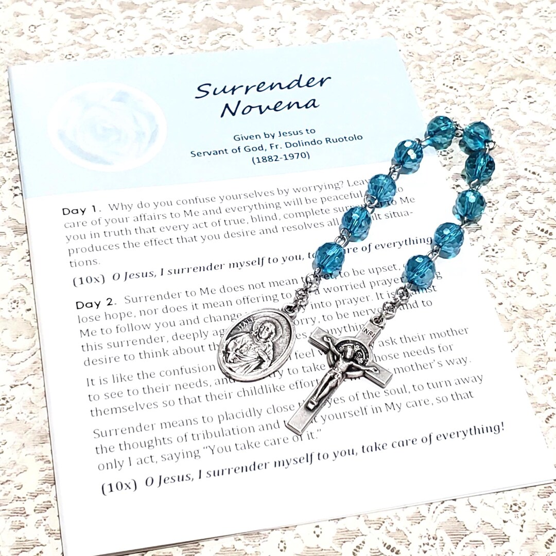 SURRENDER Novena Chaplet, Aqua Blue Faceted Glass Beads, W/prayer Card ...