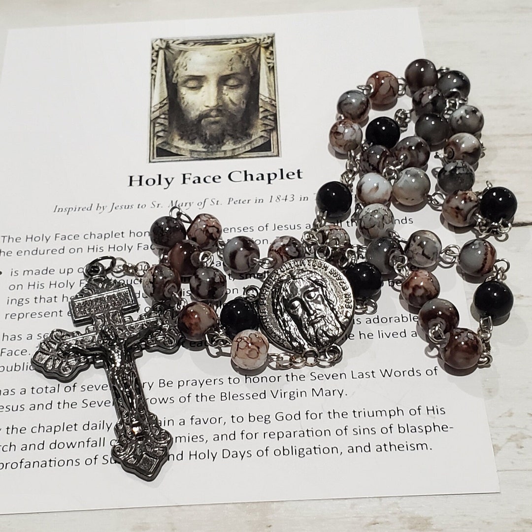 HOLY FACE of Jesus Chaplet, Gray/brown/white Spun Glass Beads, Gunmetal ...