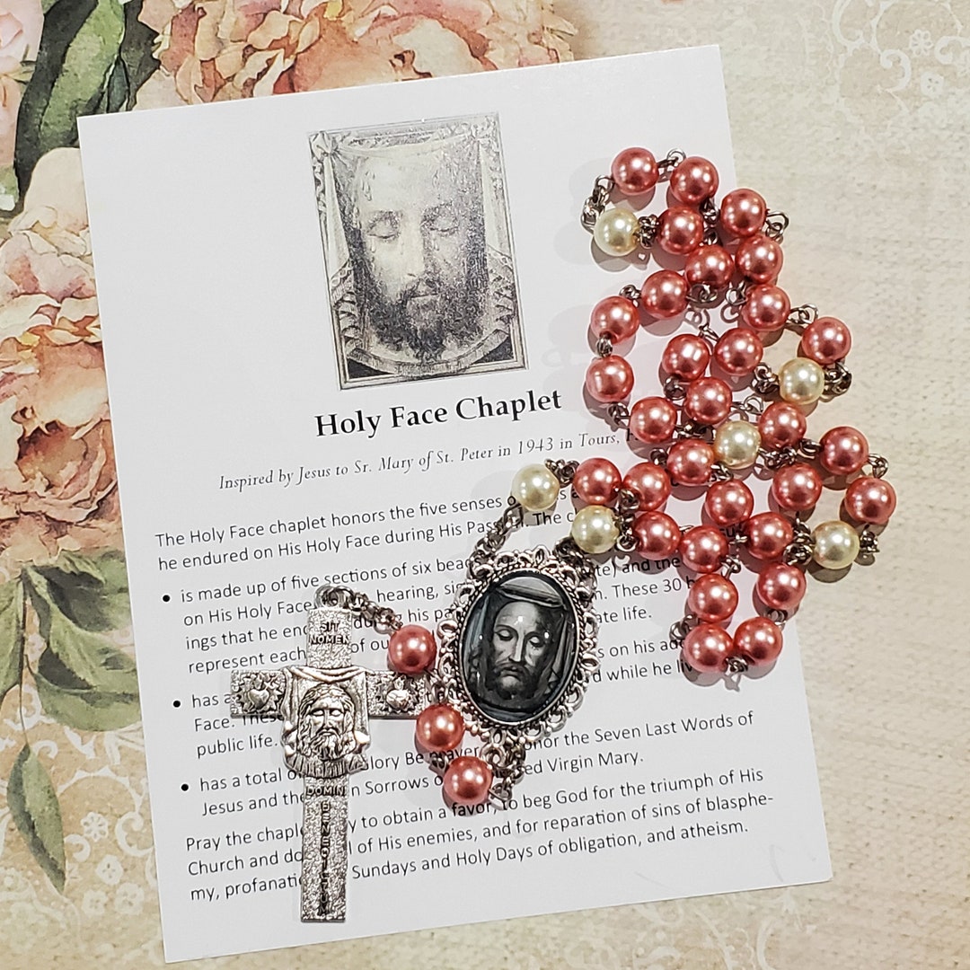 HOLY FACE Chaplet W/photo Center Peachy Rose Pearl Glass - Etsy