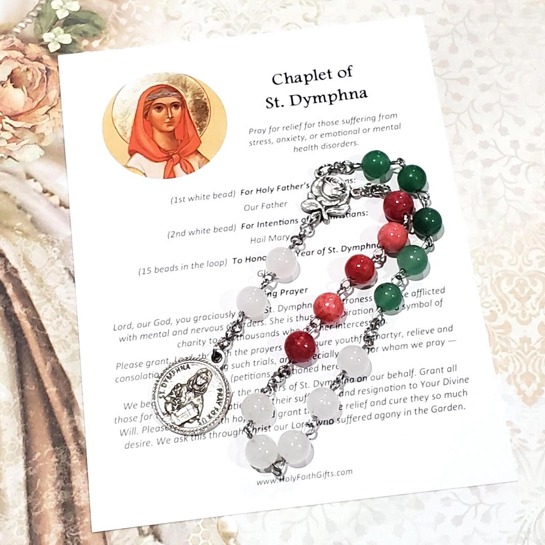 Saint DYMPHNA Chaplet, Red Quartz, White Jade, & Green Adventurine Beads, Rose/marian Center ...