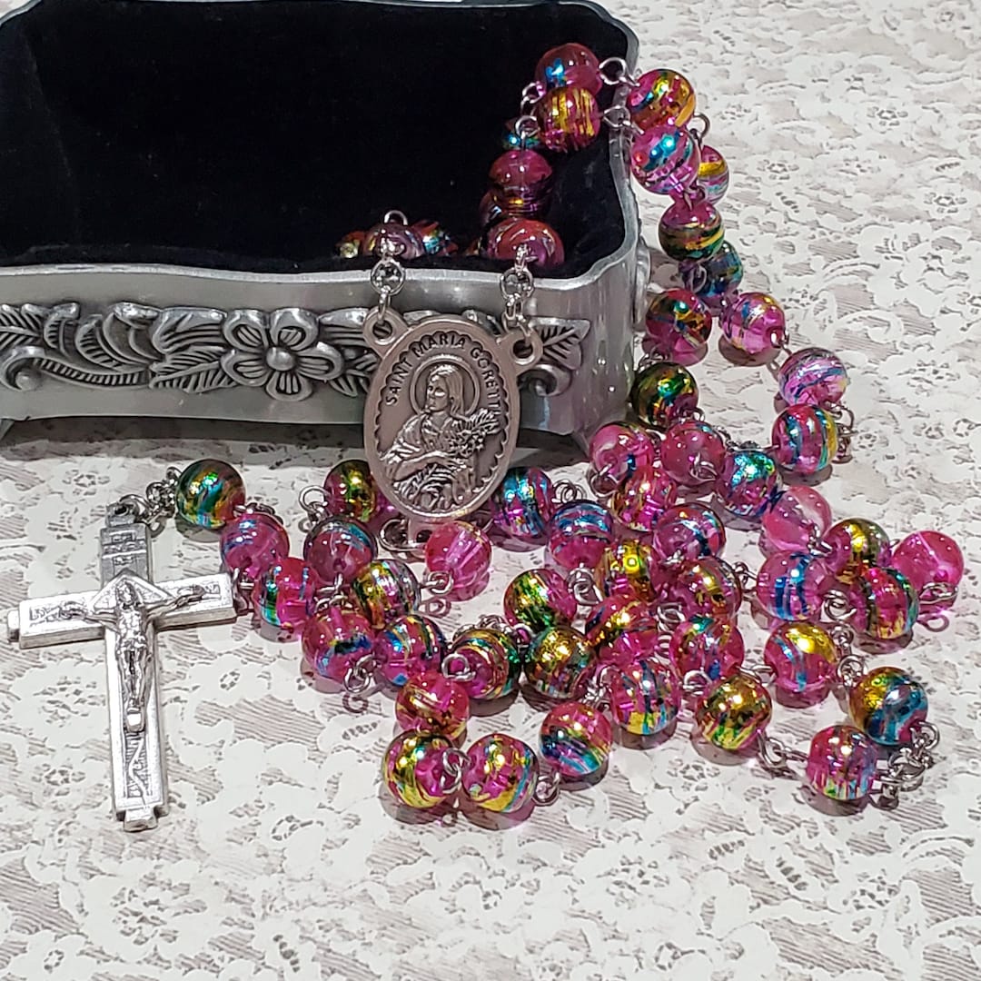 St. MARIA GORETTI Rosary, Clear Pink Banded Glass Beads, Silver Tone ...