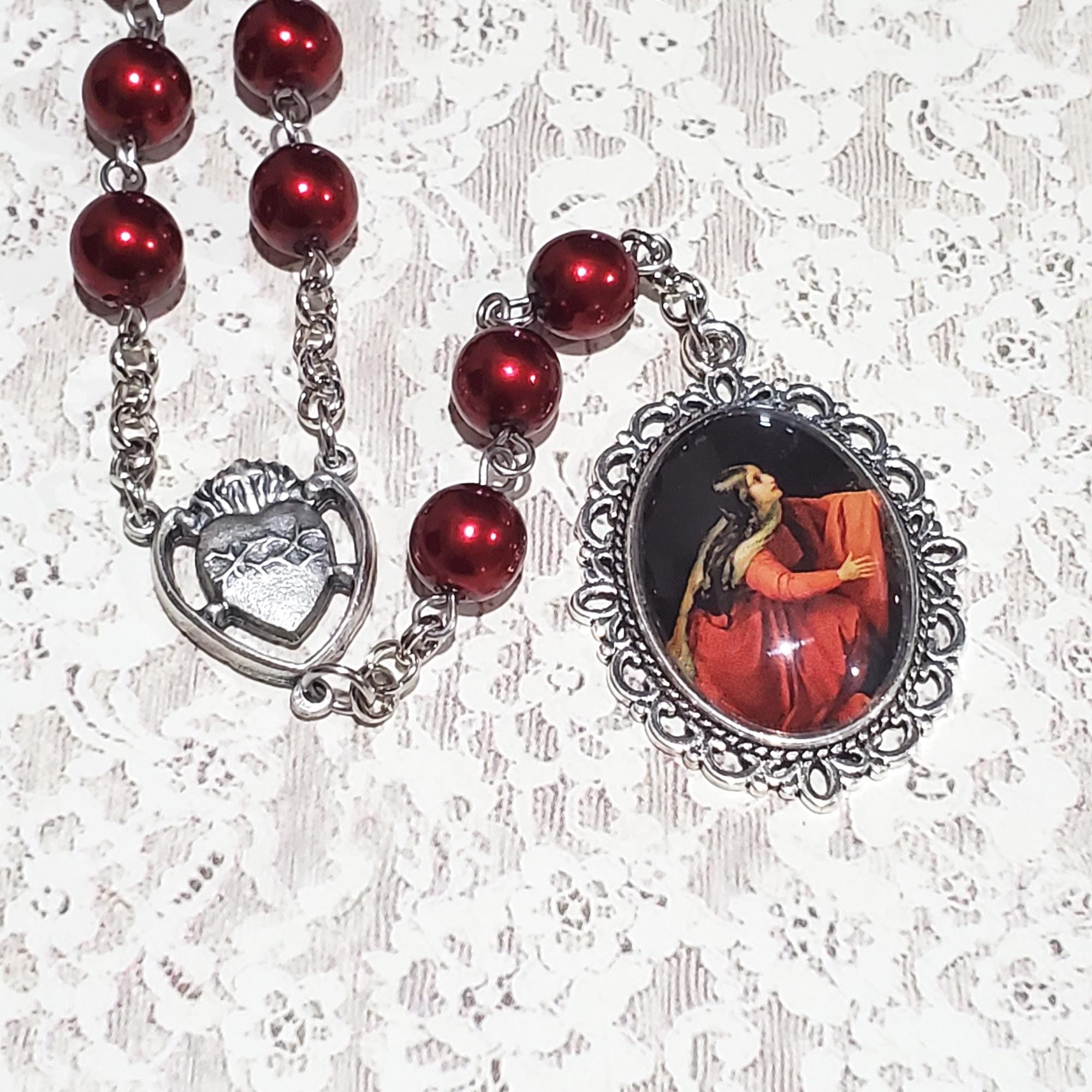 St. Mary Magdalene Chaplet, Czech Dark Red Pearl Glass Beads, Glass ...