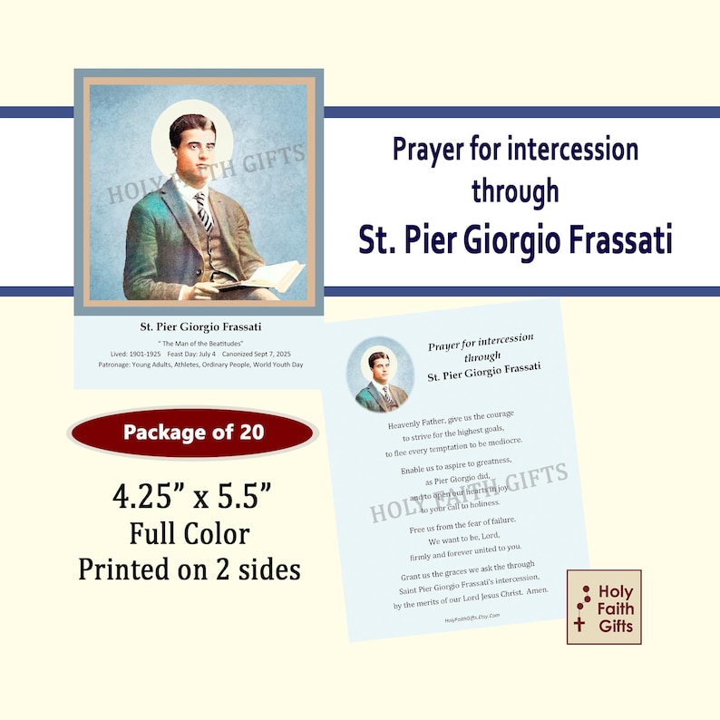 St. Pier Giorgio Frassati Prayer Card, (20 Pack), 2-sided, Full Color ...