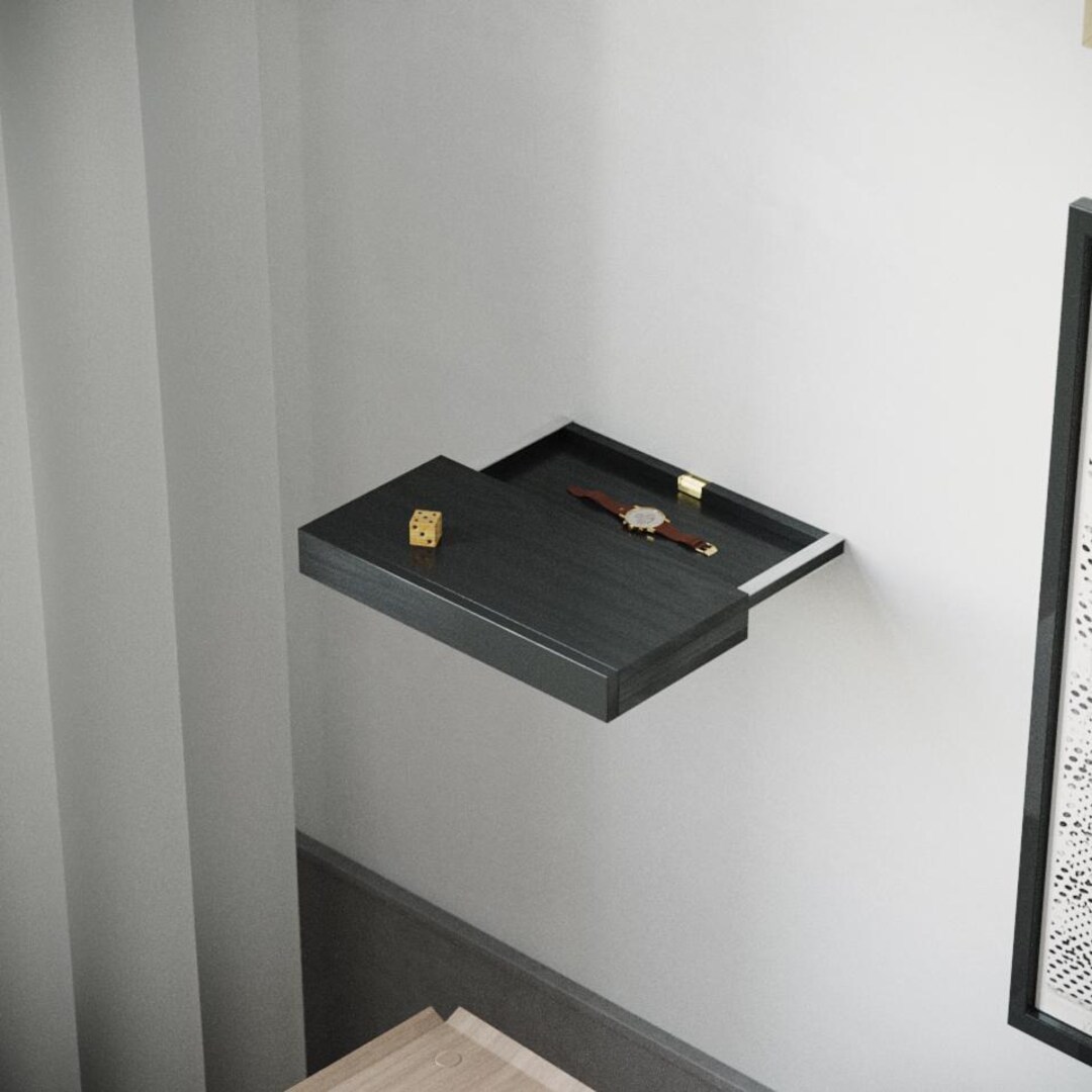 Real Oak Wall Shelf With Secret Drawer and Magnet Key | Hidden Storage ...