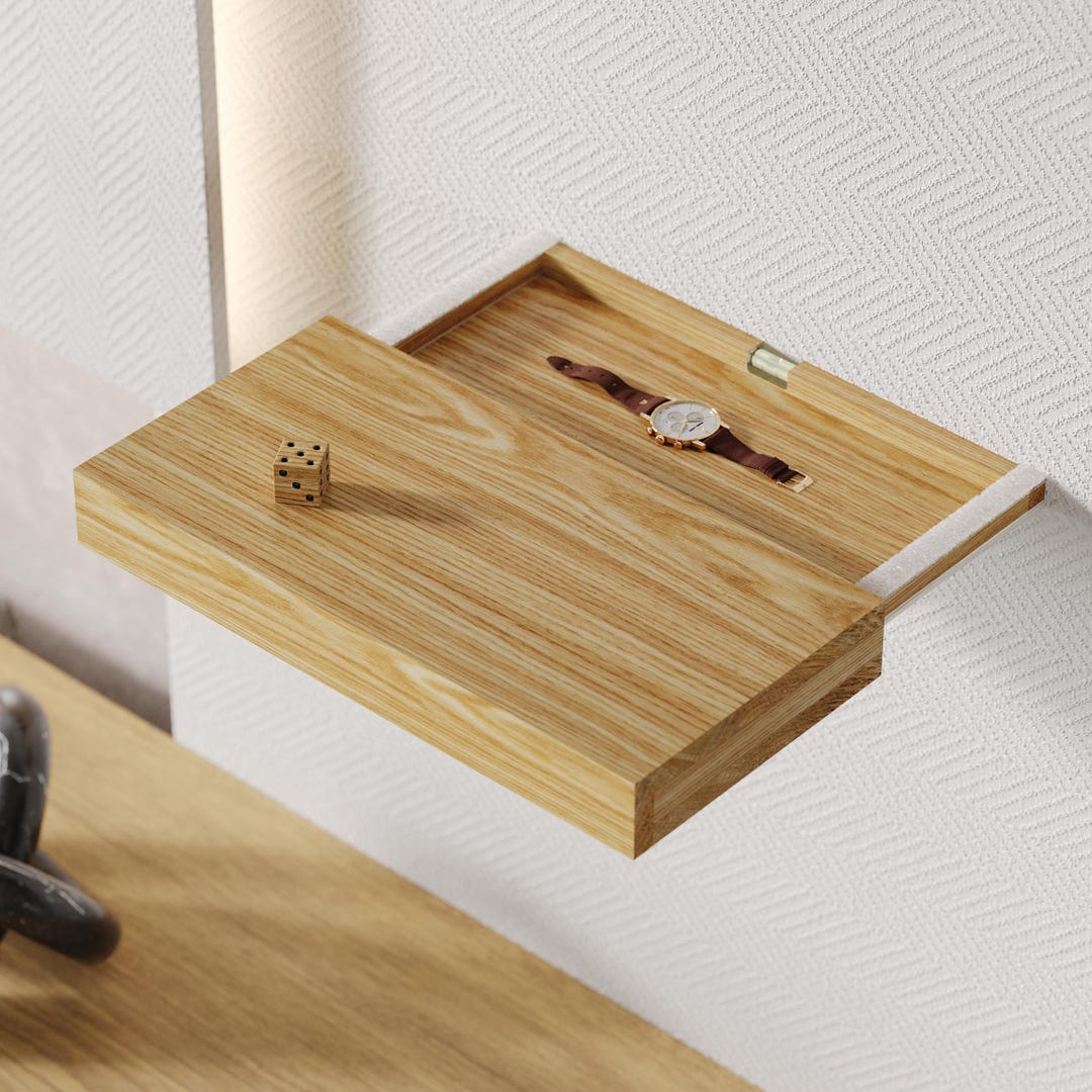 Oak Wall Hidden Shelf With Secret Drawer and Magnet Key | Hidden ...