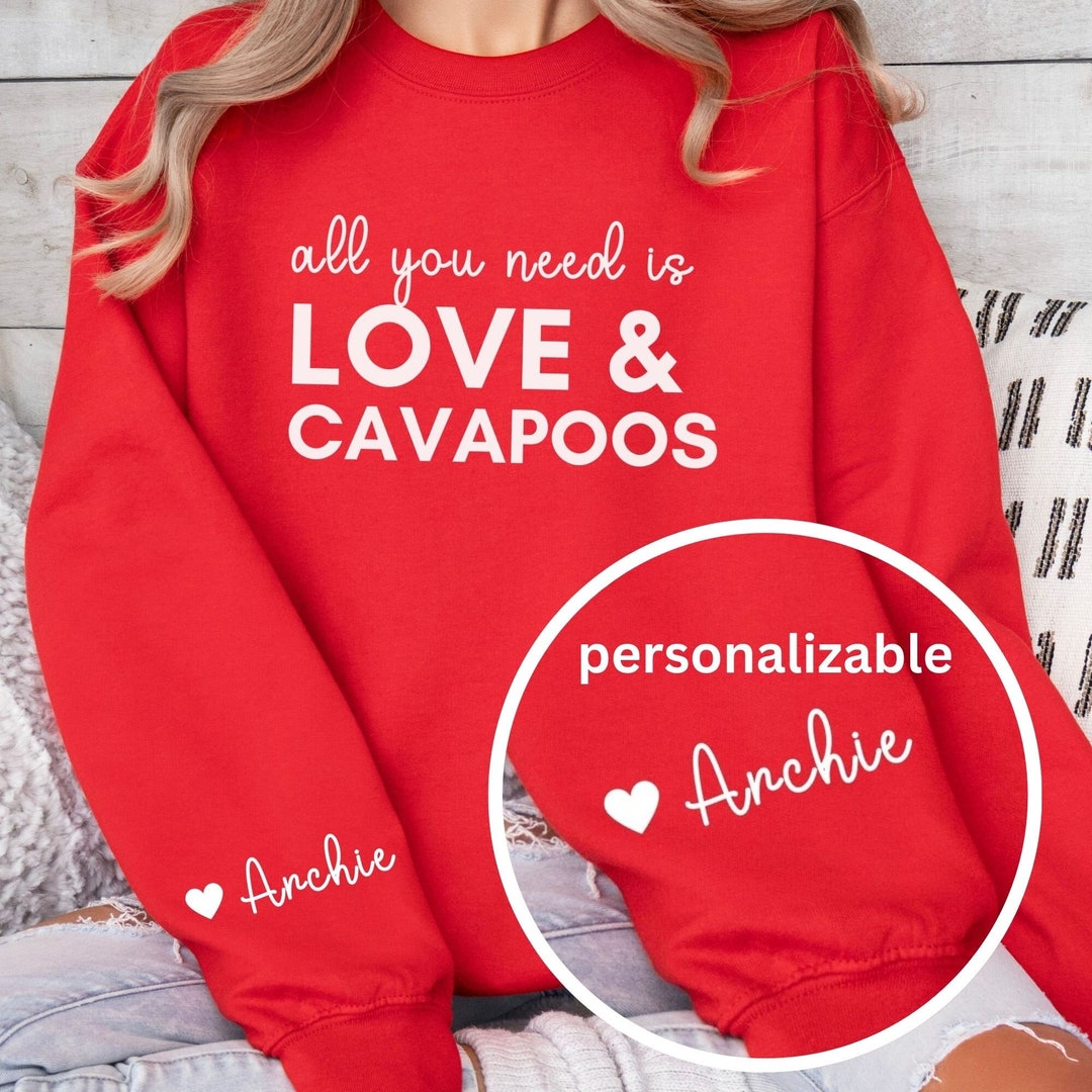 Personalized Cavapoo Valentine's Sweatshirt, Dog Mom Valentine Shirt With Custom Dog Name Sleeve ...
