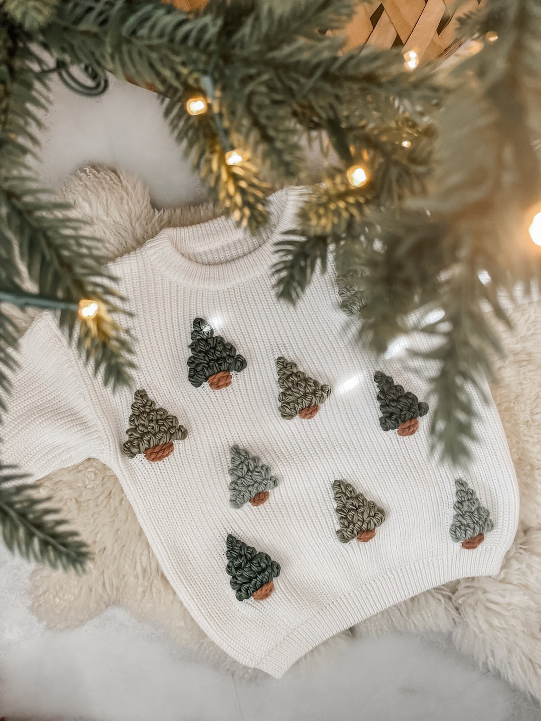 Christmas Sweater Christmas Tree Print Hand Embroidered Knit Sweater ...