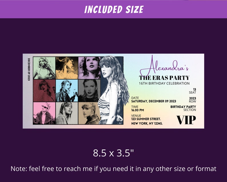 Editable Taylor Swift The Eras Tour Ticket Birthday Party Invitation