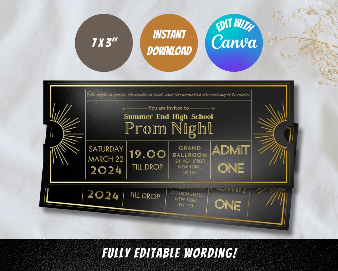 Editable Black Gold Prom Night Ticket Template, Homecoming and ...