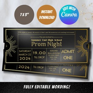 Editable Black Gold Prom Night Ticket Template, Homecoming and ...