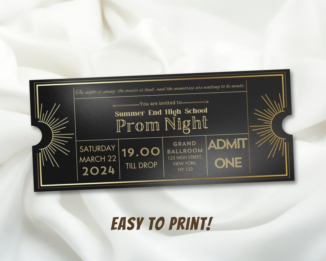 Editable Black Gold Prom Night Ticket Template, Homecoming and ...