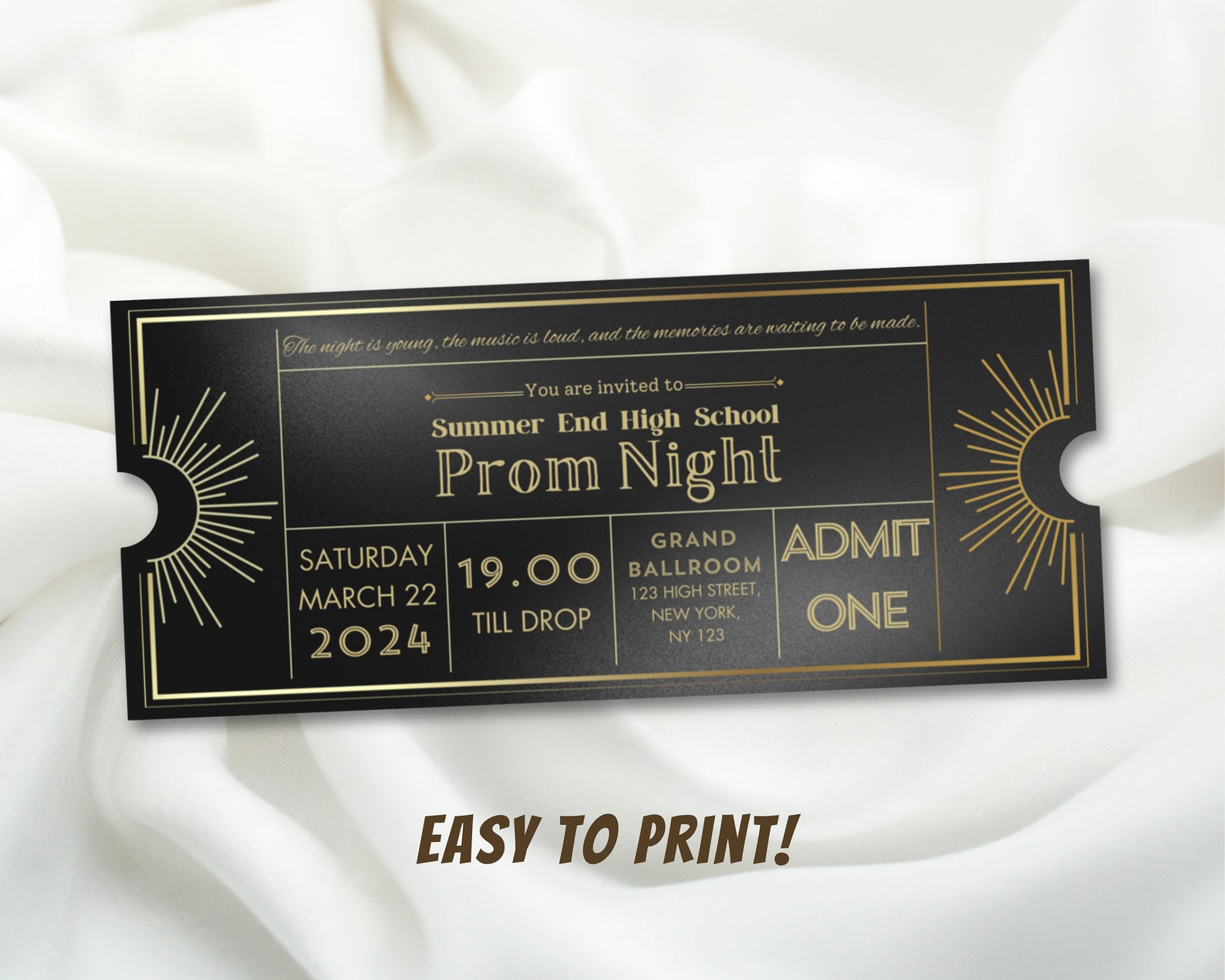 Editable Black Gold Prom Night Ticket Template, Homecoming and ...