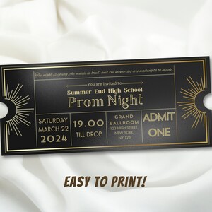 Editable Black Gold Prom Night Ticket Template, Homecoming and ...