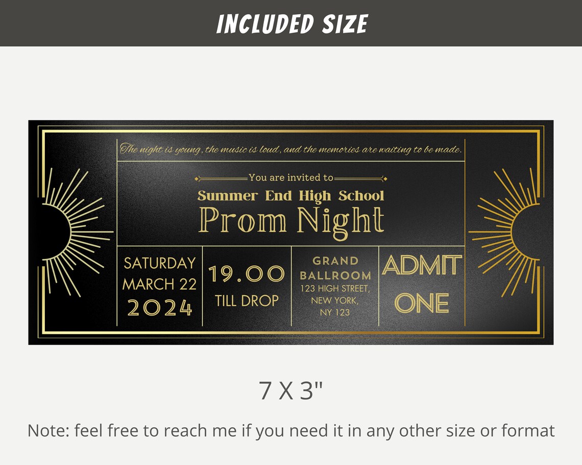 Editable Black Gold Prom Night Ticket Template, Homecoming and ...