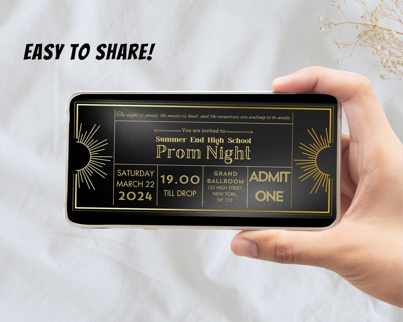 Editable Black Gold Prom Night Ticket Template, Homecoming and ...
