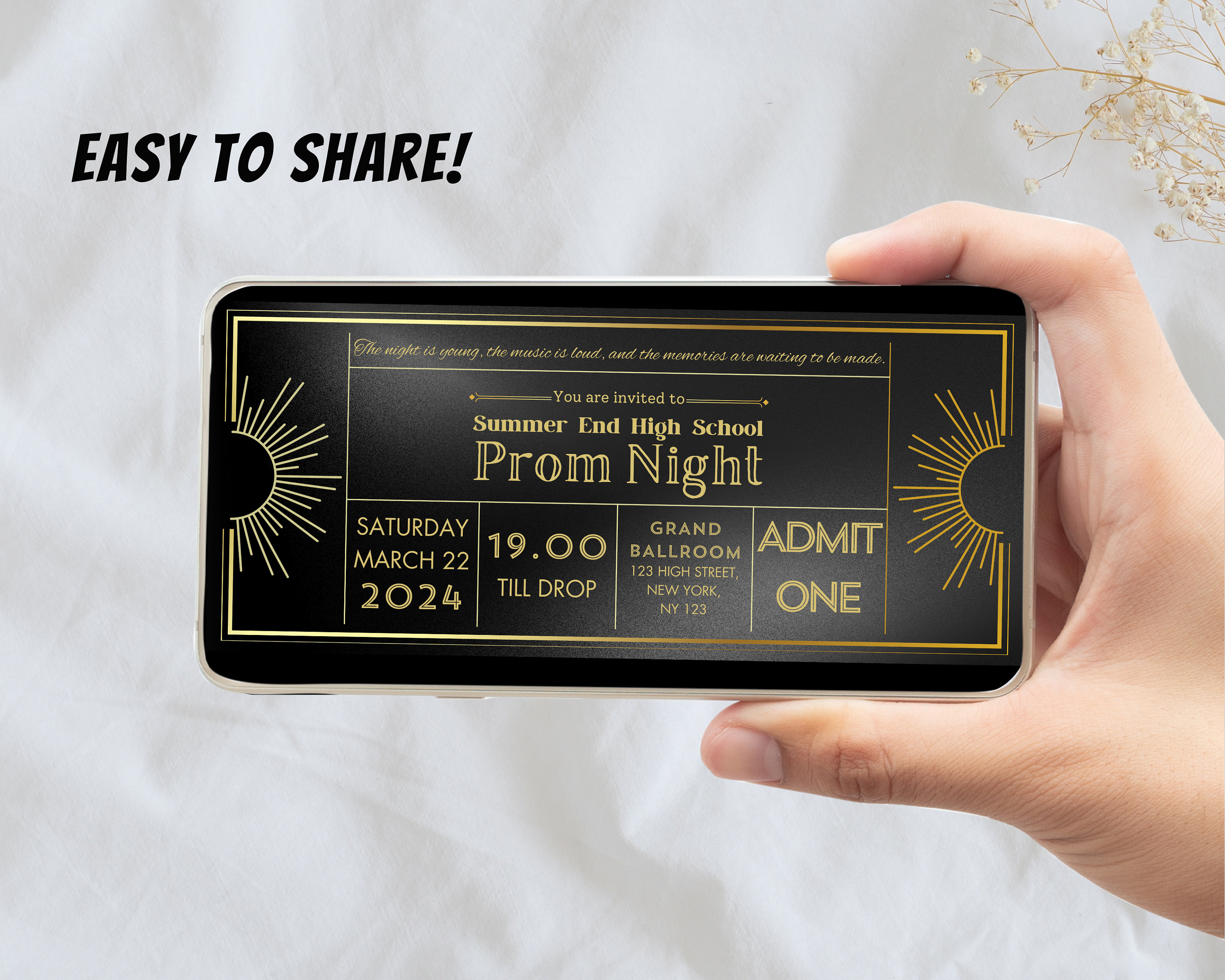 Editable Black Gold Prom Night Ticket Template, Homecoming and ...