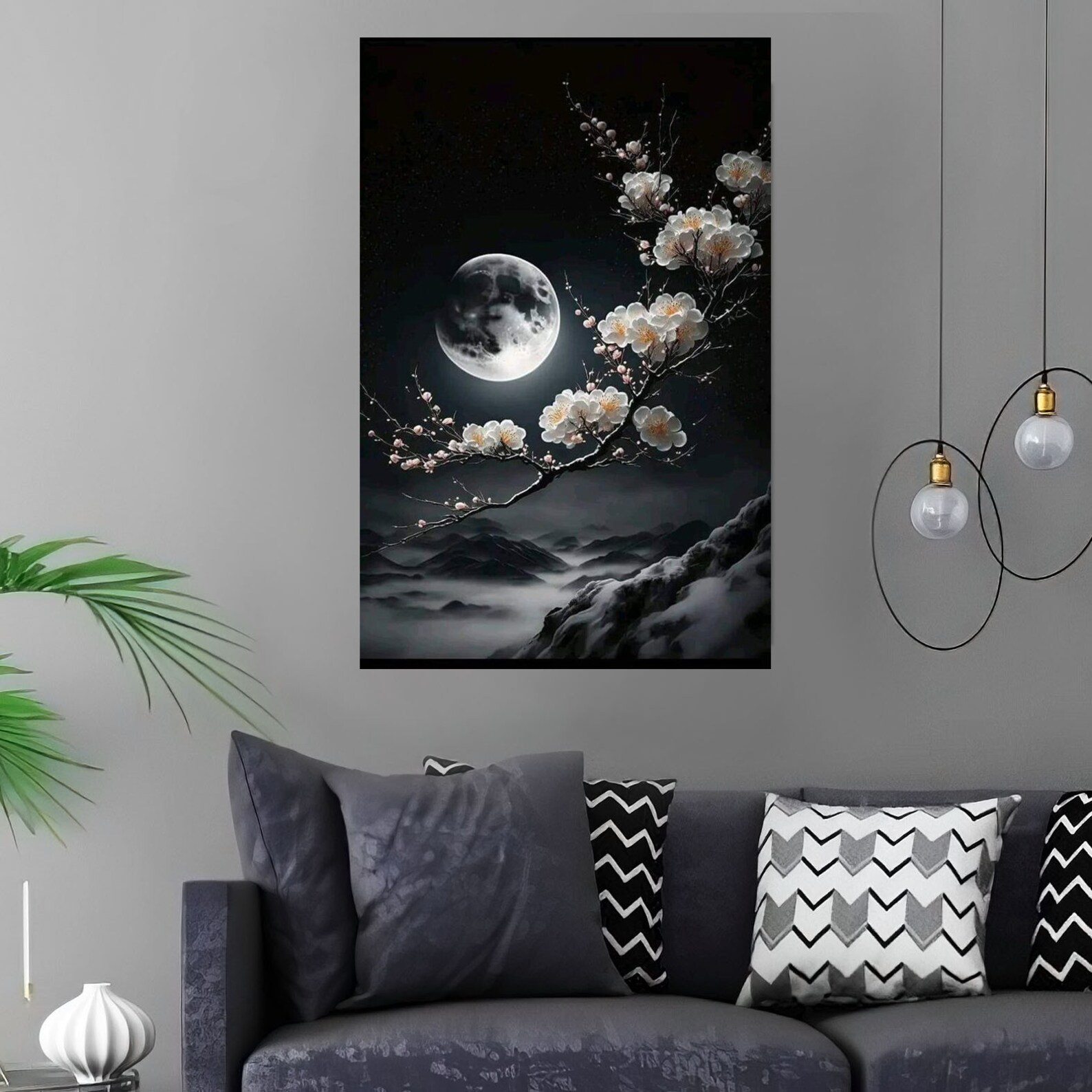 Full Moon Wall Art, Night Sky Canvas, Moon Retro Style Decor Art, Milky ...