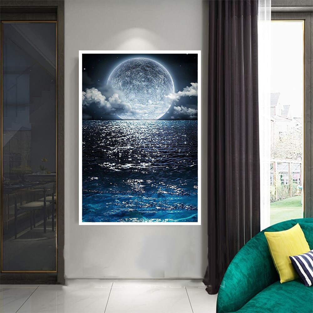 Huge Full Moon Framed Canvas, Moon Landscape Wall Art, Sea and Moon ...